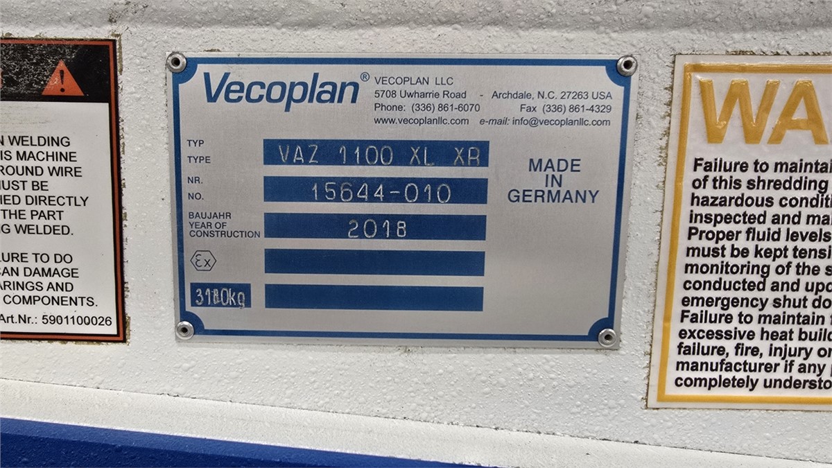 42" x 52" Vecoplan Single Shaft Shredder, Model VAZ1100-XL-XR, 60hp ...
